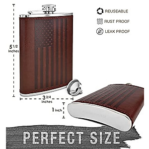American Flag Flask - 8 oz Premium Soft Touch Leather Wrap | 304 Highest Food Grade Stainless Steel | Leak Proof Slim Hip Flasks | Classic American Flag Design | Bonus Funnel