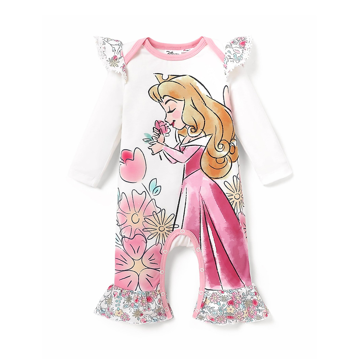 Disney Princess Aurora Baby Girls Romper: Long Sleeve White Ruffle Jumpsuit - Fall Baby Girl Clothes for Daily and Birthday Gift 3-6 Months