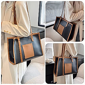 Tote Bag, PU Tote Bag for Women with Zipper Pocket Lightweight Shoulder Bag Handbag for Work, Office, School,Gym,Beach,Travel (Black)