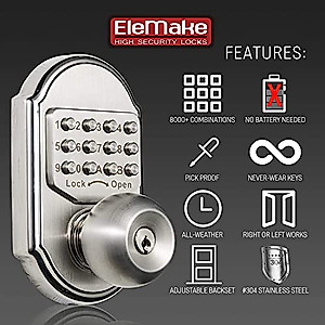 Bravex Keyless Entry Keypad Deadbolt Door Lock 304 Stainless Steel Sabbath Lock 100% Mechanical Shabbos Lock- No Risk of Low Power