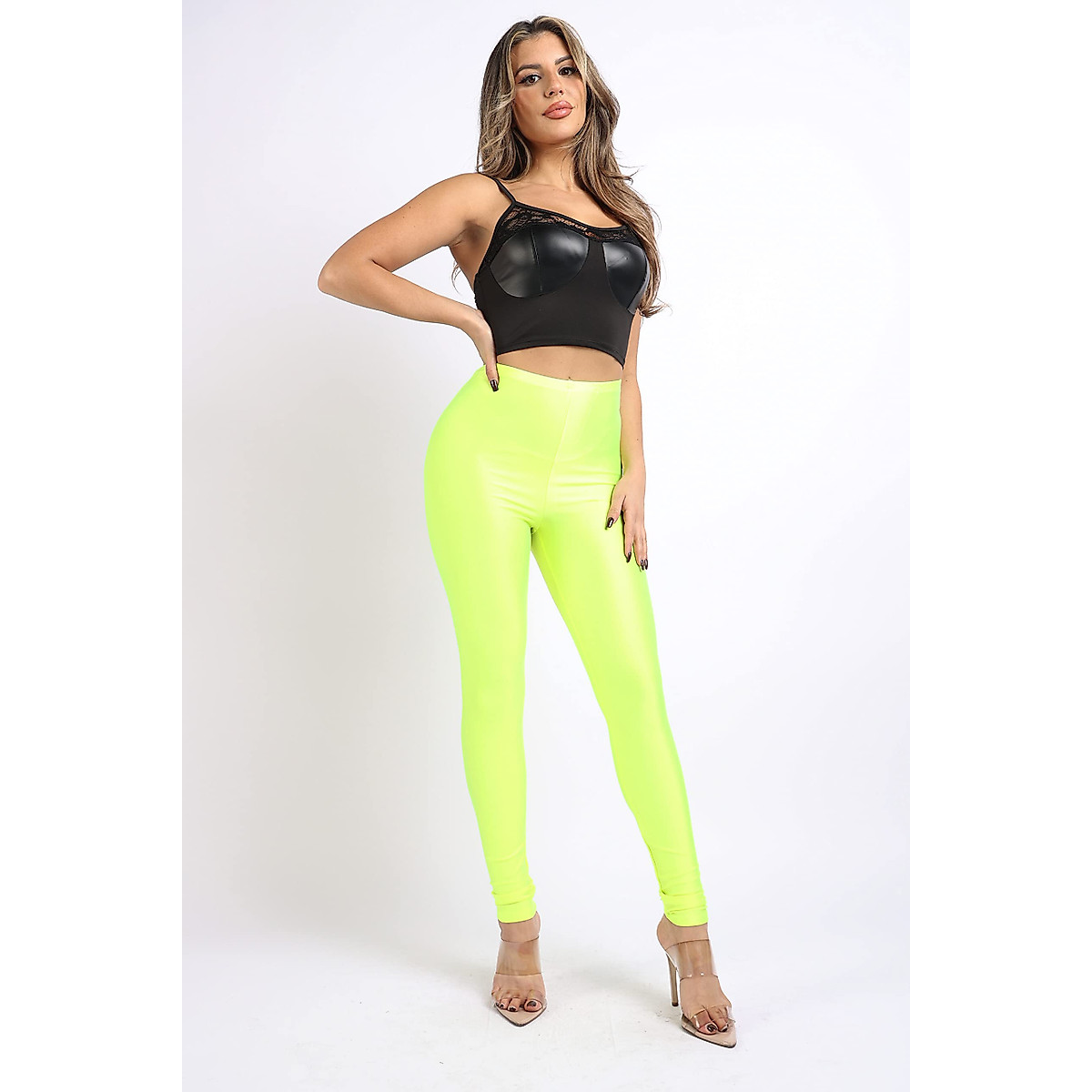 OFENTI Shiny Leggings High Waist Neon Leggings Elastic Stretch Skinny Comfy Lightweight Pants Tights Disco Party Rave Neon Yellow Medium