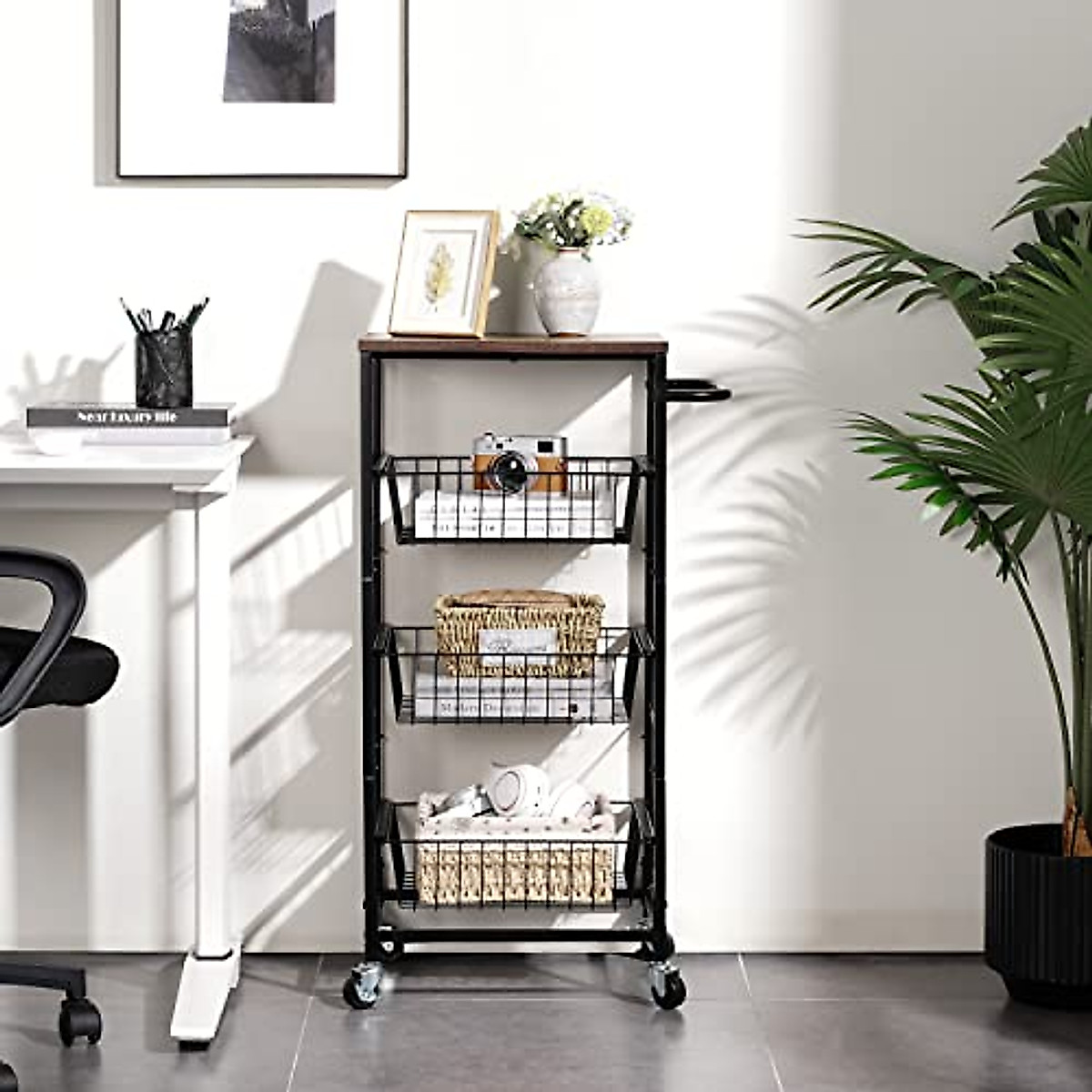 LEGUANG Kitchen Storage Rolling Cart on Wheels, 4 Tier Metal Rolling Utility Carts Microwave Rack with Wooden Tabletop for Kitchen Island, Bathroom, Living Room(Black)