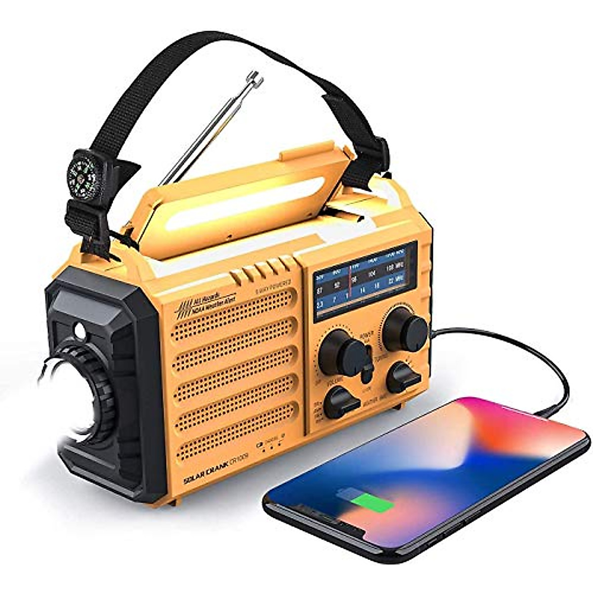 Weather Radio Raynic 5000 Solar Hand Crank Emergency Radio 5 Ways Powered AM/FM/SW/NOAA Weather Alert Portable Radio with Flashlight, Reading Lamp (Yellow)