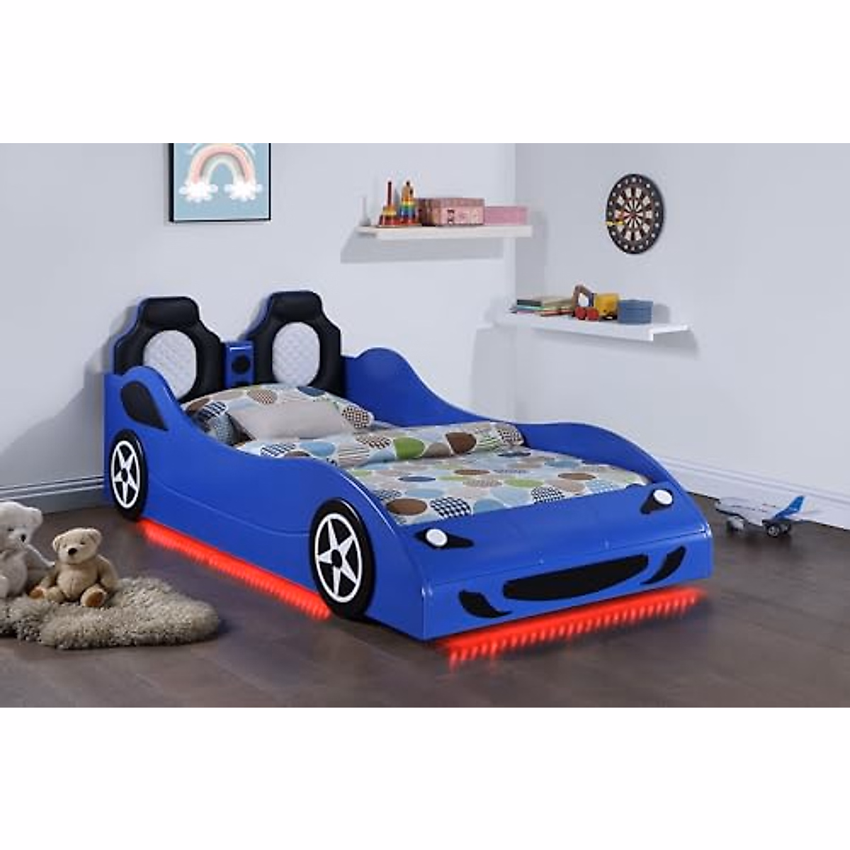 Coaster Home Furnishings Cruiser Contemporary Leatherette Upholstered Twin Size LED Car Bed Frame Platform Bed 33-inch Headboard Blue 400478