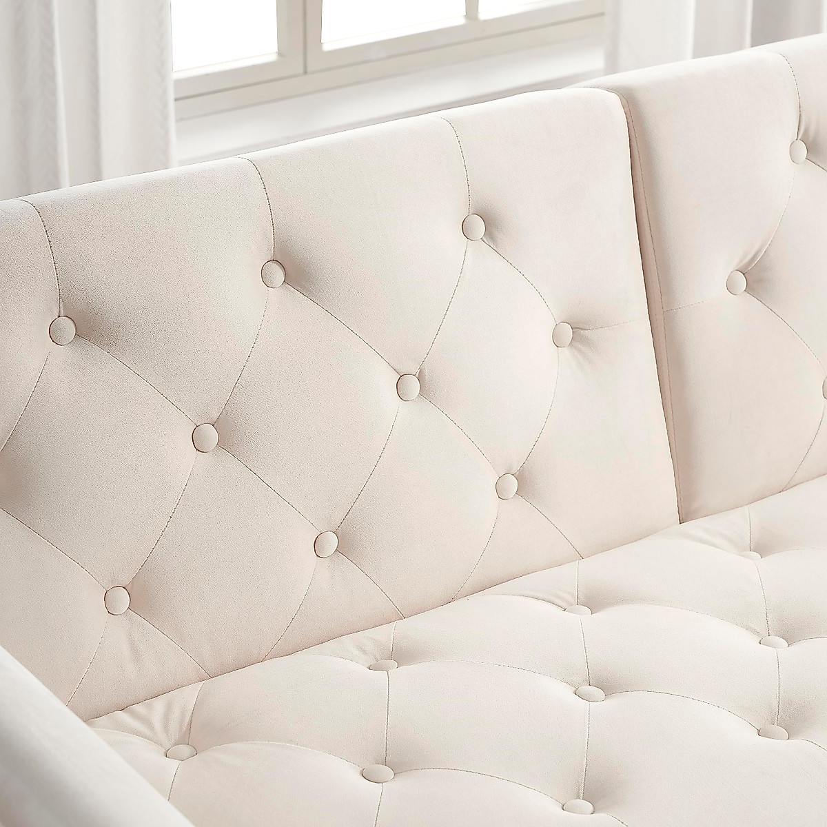 NoeBanJe Mid Century Modern Velvet LoveSeat Couches, Convertible Futon Sofa Bed with Metal Legs and Pillows, Adjustable Sleeper Sofa for Small Spaces, Bedroom Living Room (Beige)