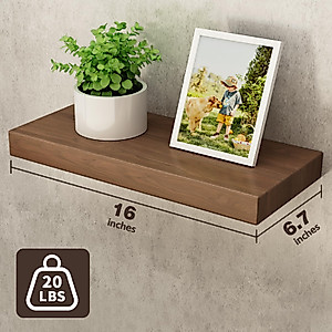 TABETO Wide Solid Wooden Wall Shelves for Wall,Floating Shelves for Bedroom,Kitchen Farmhouse,Hanging Book Shelf, for Wall Home Decor Living Room,16 Inch,Walnut 2 Pack