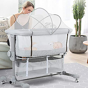 beiens Baby Bassinet 3 in 1, Baby Crib Bedside Sleeper with Detachable Mosquito Net, 6 Height Adjustable Easy Folding Bedside Bassinet Portable Nursery Bed for Infant, Newborn, Baby Boys & Girls
