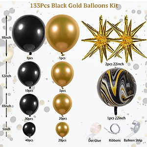 ECEAE 133Pcs Black And Gold Balloons Arch Black Metallic Golden Balloon Ensemble Versatile For Great Gatsby Party Decorations, Graduations,New Years Backdrops Birthday Garland Decor Kit