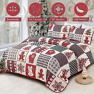 Christmas Quilt Set King,3 Pieces Reversible Christmas Tree Gloves Snowman Snowflake Pattern Bedspread Xmas Plaid Bedding Coverlet with 2 Pillowcases 104”x90”