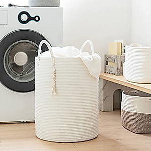 Goodpick White Laundry Basket with Handles, Tall Woven Laundry Hamper for Clothes, Towels, Pillows, Toys, Decorative Blanket Basket for Living Room, Bedroom, Playroom, 16 x 20 inches