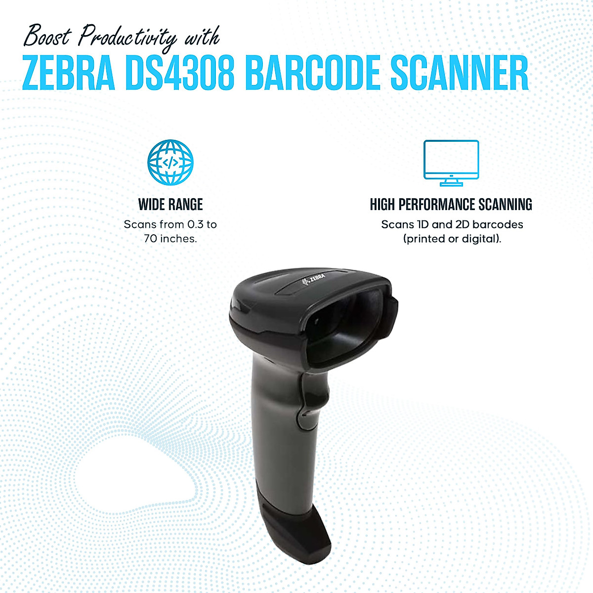 DS4308 Zebra Symbol Barcode Scanner Bundle - Omnidirectional, Corded, Handheld, Standard Range - 1 Year Warranty - with New USB Cable & Microfiber Cleaning Cloth (Renewed)