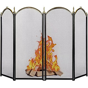 AMAGABELI GARDEN & HOME Decorative Gold Fireplace Screen 4 Panel Folding Ornate Wrought Iron Black Metal Fire Place Free Standing Gate Large Mesh Solid Steel Spark Guard Cover Outdoor Accessories