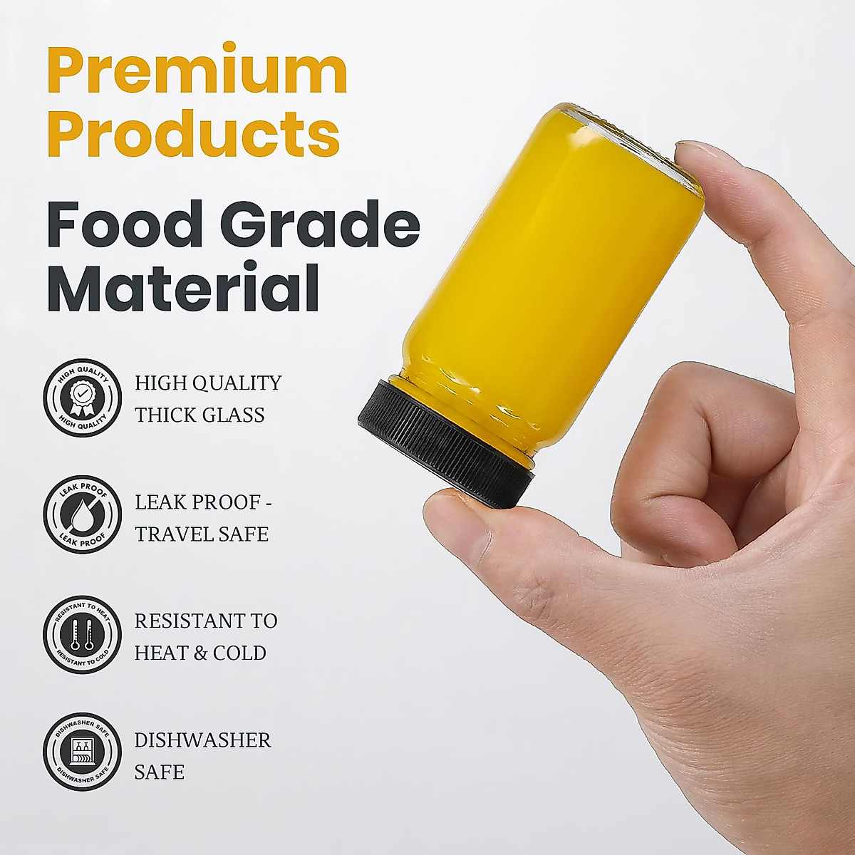 15 Pack 2 oz Glass Shot Mini Bottles w/ Black Lids & 15 Labels - Small Clear Jar for Ginger, Wellness Shot, Juice, Sample, Whiskey - Travel Essentials - Wide Mouth, Leakproof, Dishwasher Safe