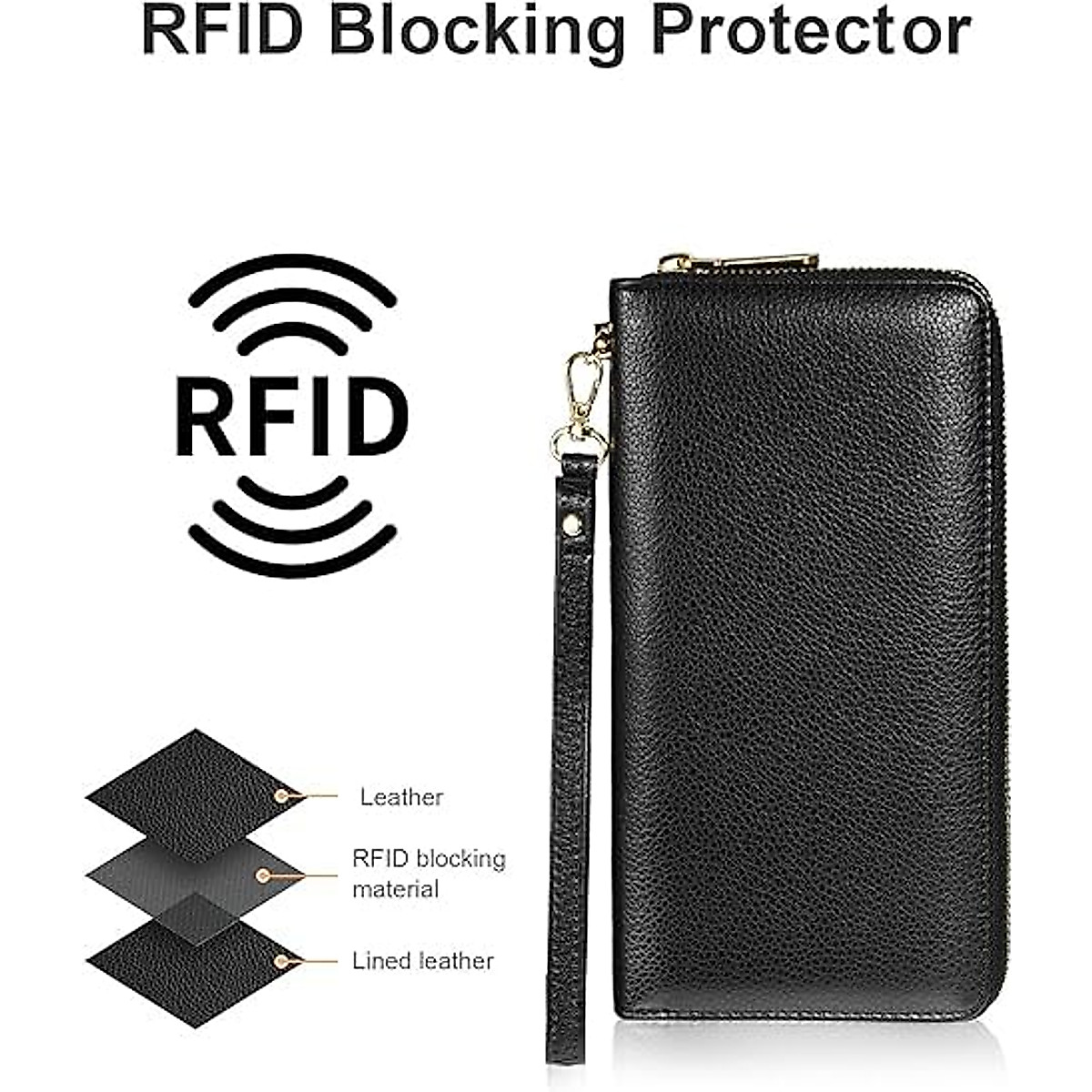 Chelmon Womens Wallet Large Capacity Zip Holder Clutch Bifold Wrist Strap Long Purse Black