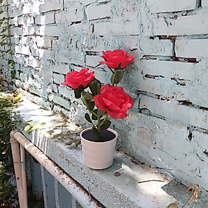 Penfly LED Solar Power Decorative Artificial Rose Flower Pot Plant Landscape Light Night Lamp Outdoor Garden Yard Pathway Lawn Grassland Red