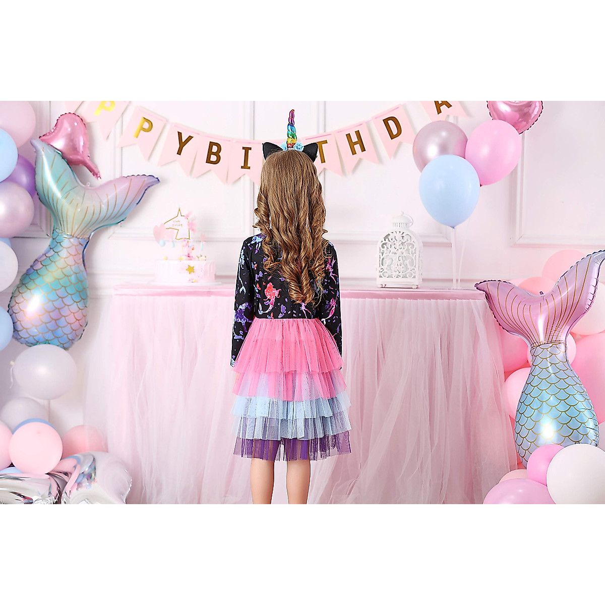 VIKITA Toddler Girls Dress Long Sleeve Cartoon Sweatshirt with Tutu for Birthday Party Dresses Outfit 5-6Y