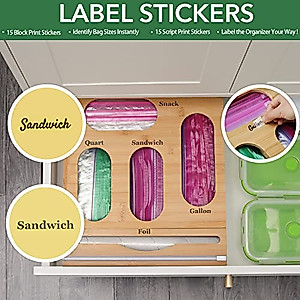 Kitchen Drawer Ziplock Bag Organizer with Foil Wrap Dispenser and Cutter | Bamboo Ziplock Bag Organizer for Drawer | Baggie Organizer Compatible with Snack, Slider, Quart, Gallon, Sandwich Bag Sizes