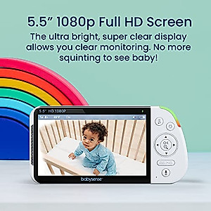 Babysense 5.5” 1080p Full HD Split-Screen Baby Monitor, Video Baby Monitor with Camera and Audio, Two PTZ Cameras, RGB Night Light, 1000ft Range, Two-Way Audio, 4X Zoom, 5000mAh Battery