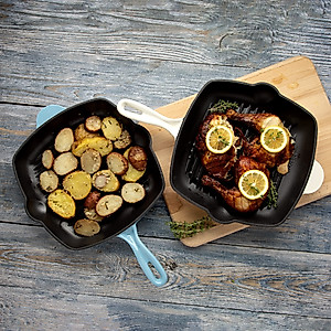 Country Living Enameled Cast Iron Square Griddle Grill Pan with Ridges, Helper Handle and Pouring Spouts for Easy Draining, Indoor Grilling Skillet, 11-Inch, Cream