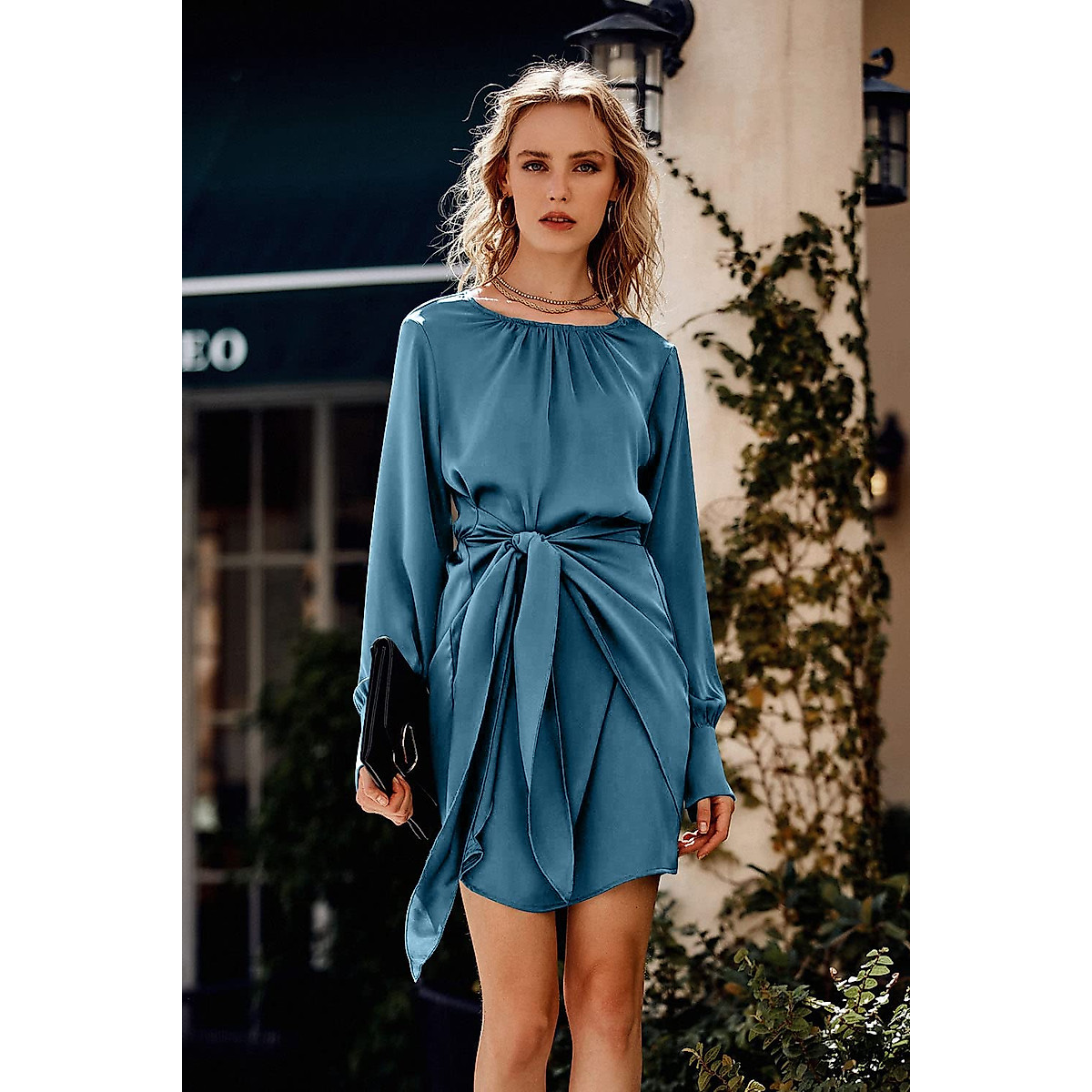 PRETTYGARDEN Women's Spring Satin Dress Long Sleeve Tie Waist Elegant Cocktail Party Mini Fall Dresses(Dark Blue,Small)