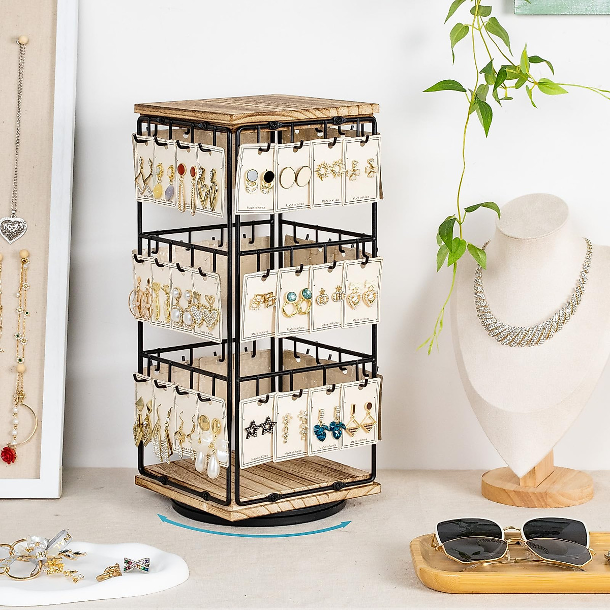 Yoimori 360 Rotating Earring Display Stands for Selling, Earring Rack Display Holder Stand, Jewelry Display for Vendors Selling Earring Cards, Necklaces, Bracelets, Hair Accessories (48 Hooks)