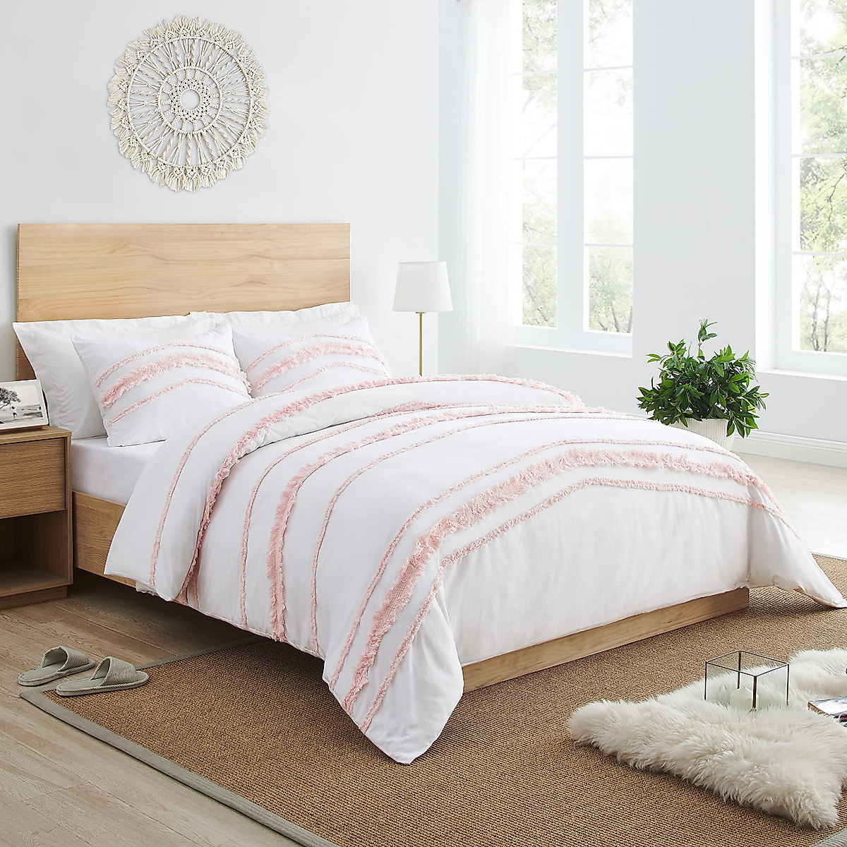 Sweet Jojo Designs Bohemian Boho Chic White and Pink Macrame Tufted Tassel 3 pc. Full / Queen Size Bed Bedding Set Duvet Comforter Cover Sham Blush Textured Minimalist Cotton Fringe Farmhouse Neutral