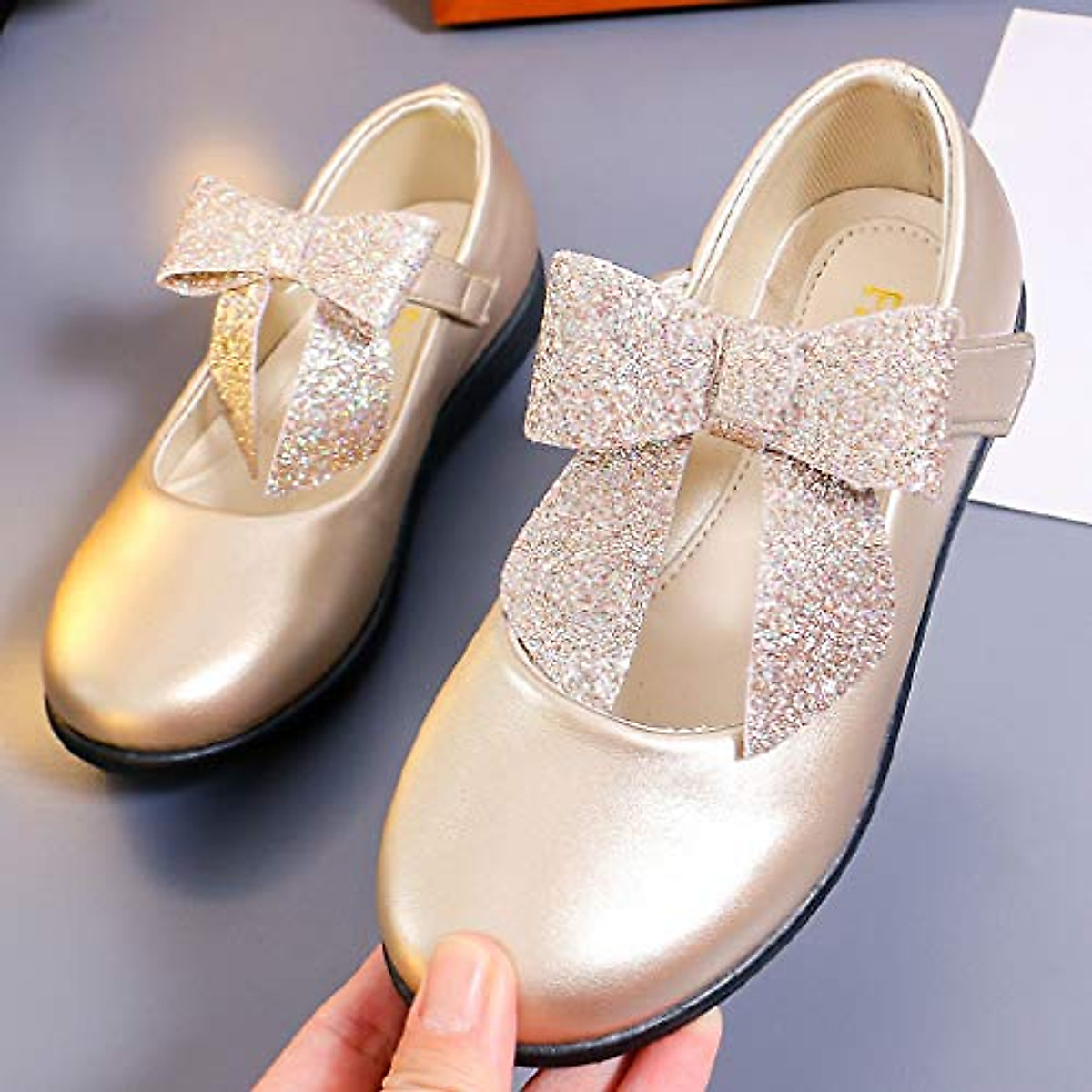 Diufon 2019 Spring and Autumn New Single Shoes Children Shoes Princess Shoes Soft Bottom Bow Peas Shoes Little Girls Flat Shoes Sandals (5-5.5 US M Little Kids, Gold)