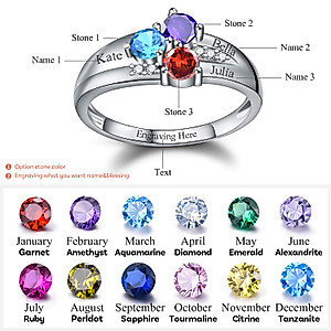 Madeone 925 Sterling Silver 14K Gold Plated Personalized Mother Rings Halo Gemstone Rings with 3 Birthstone 3 Names and 1 Engraving Customized Wedding Engagement Promise Rings for Women