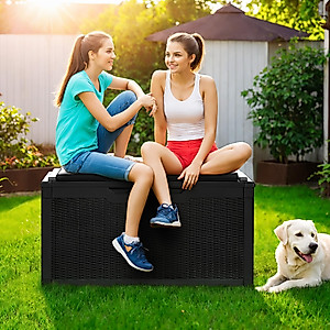 GUNJI 100 Gallon Resin Deck Box with Cushion,Outdoor Weatherproof Large Storage Box,Lockable Storage Container for Patio Furniture,Garden Tools,Pool Supplies (Black)
