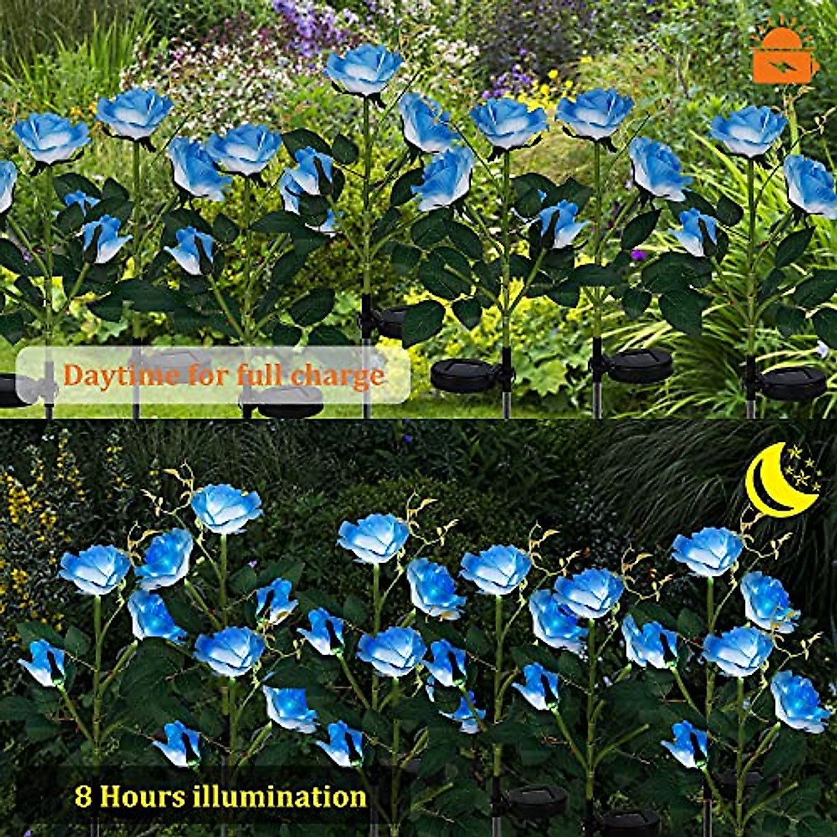 FORUP 2 Pack Solar Garden Stake Lights, Outdoor Solar Rose Flower Lights with 6 Rose Flowers, LED Rose Solar Powered Lights for Patio, Lawn, Garden, Yard Decoration, Blue