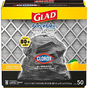 Glad Trash Bags, ForceFlex with Clorox Garbage Bags, Lemon Fresh Bleach Scent, 30 Gal, 50 Ct, Package May Vary