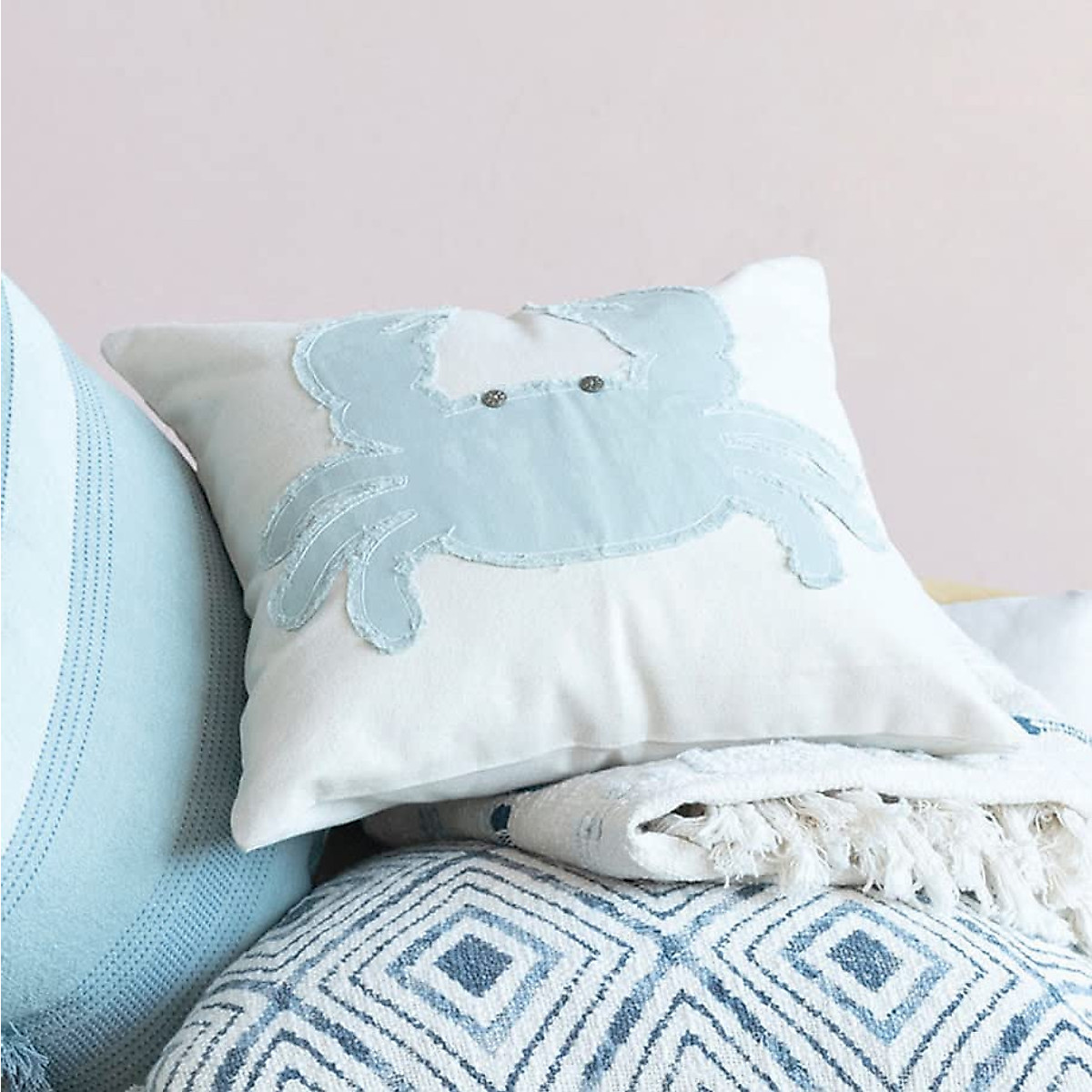 Creative Co-Op Cotton Appliqued Crab, Embroidery and Buttons Pillow, 16" L x 16" W x 2" H, Multicolor