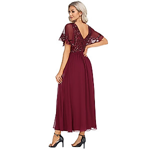 Ever-Pretty Women's Sequin Ruffle Sleeve V Neck A-Line Pleated Open Back Long Chiffon Formal Dresses Burgundy US26