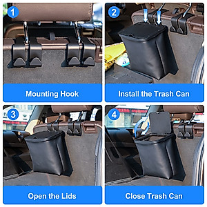 GRABLOOM Car Trash Can Collapsible Rubbish Basket with Hook & Lid Waterproof Leather Garbage Organizer Bin Portable Waste Basket Storage Bins