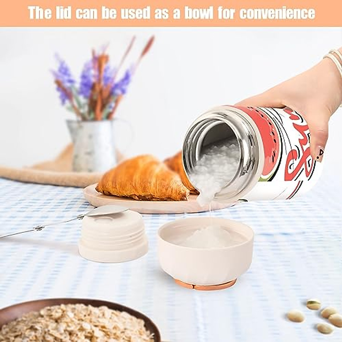 CUPADA Cat Watermelon Food Jar, Funny Summer Time Insulated Hot Food Jars Vacuum 17OZ with Folding Spoon for Work Trip Picnic Camping