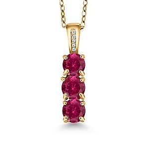 Gem Stone King Red Created Ruby and Diamond 18K Yellow Gold Plated Silver 3 Stone Pendant Necklace For Women (1.84 Cttw, Round 5MM, with 18 Inch Chain)