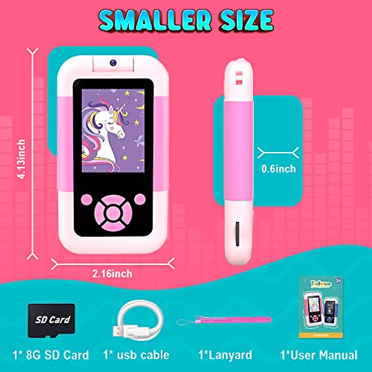Prysyedawn Kids Phone, Christmas Birthday Gifts for Girls/Boys Age 3-6,Toddler MP3 Music Player with Flip Camera, Alarm Clock Portable Learning Toy for 3 4 5 6 Year Old Girl with SD Card-Pink