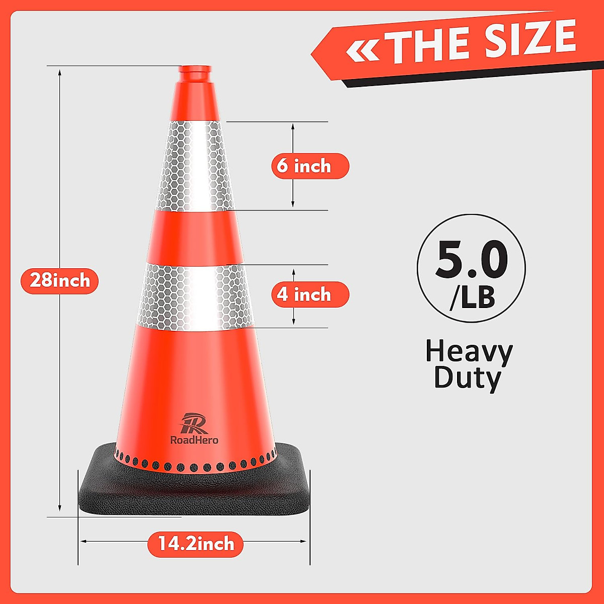 RoadHero 12 Pack Traffic Safety Cones 28 Inch, PVC Cone with Black Weighted Base, Orange Cones with Reflective Collars for Parking Lot, Road Safety, Construction Events
