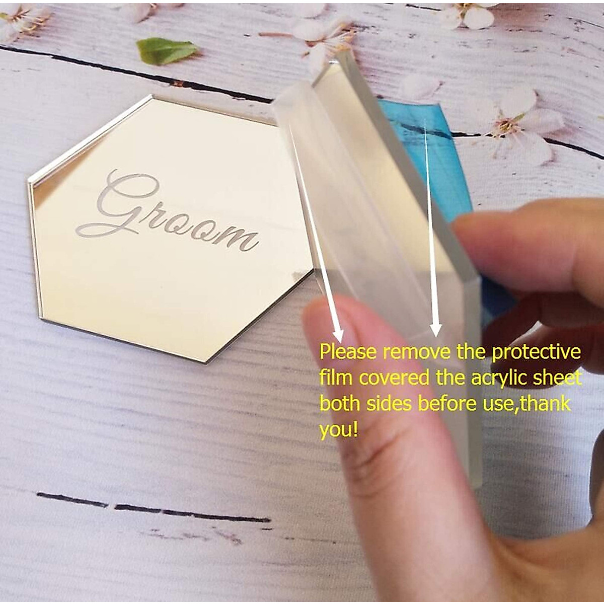 XIAOYUE Bride and Groom Acrylic Mirrored Hexagon Place Cards, Geometric Bride and Groom Table Setting,Wedding Place Cards, Bride and Groom Set (Silver Mirror)