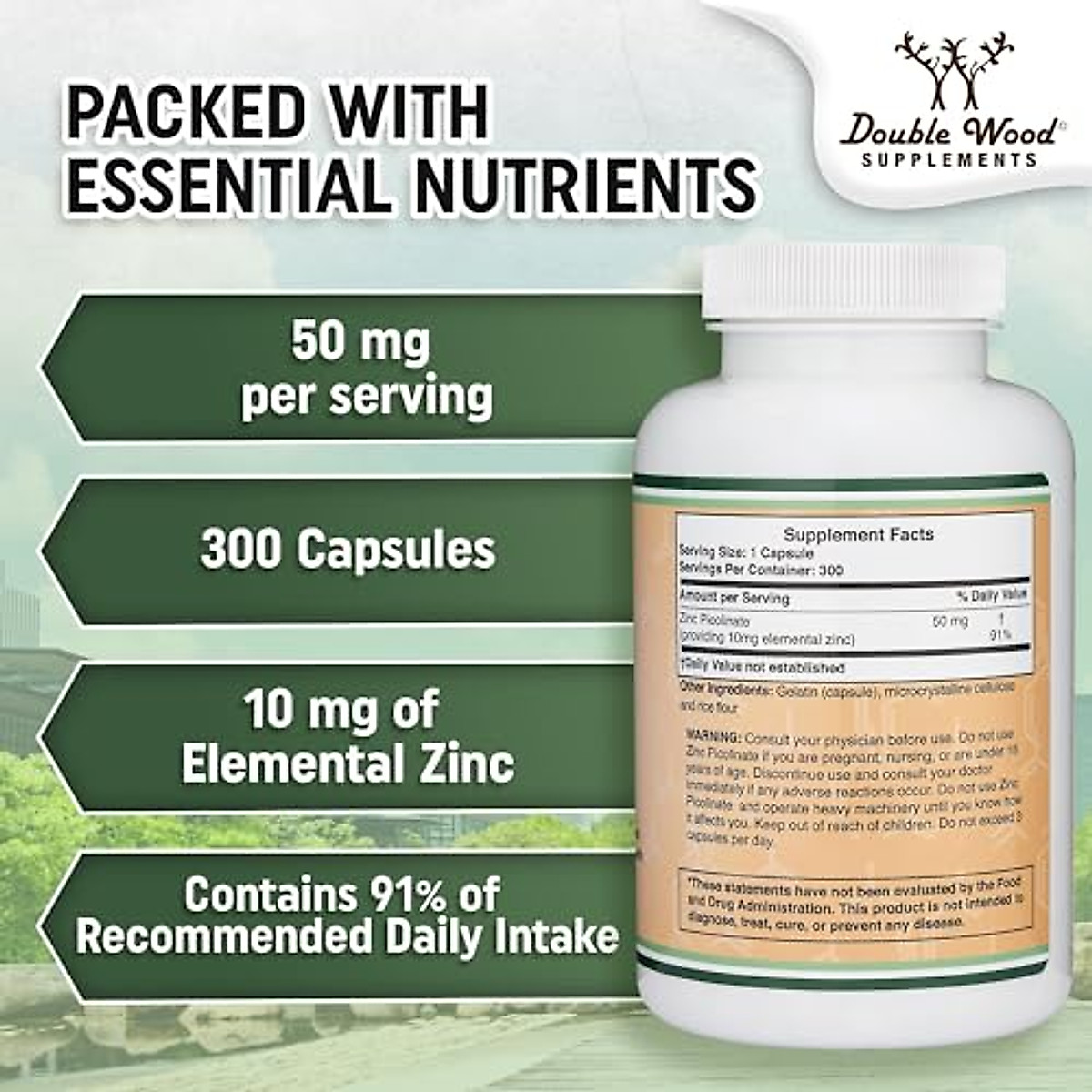 Zinc Picolinate 50mg, 300 Capsules (Immune Support) Non-GMO, Gluten Free (300 Day Supply) by Double Wood Supplements