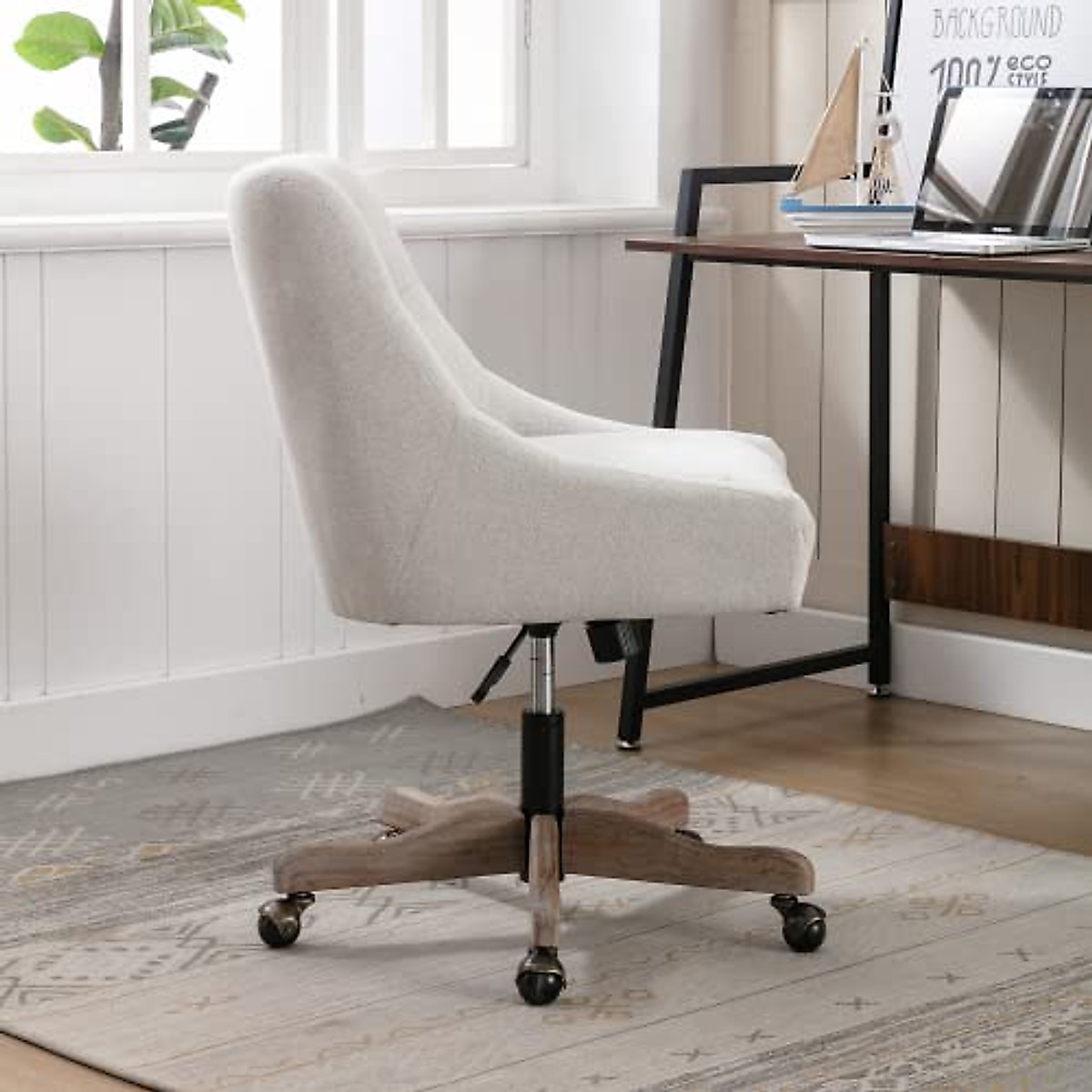 Swivel Home Office Chair, Modern Fabric Upholstered Tufted Accent Computer Desk Chair with Ergonomic Wide Backrest and Wooden Legs, Height Adjustable Swivel Vanity Chair for Office, Beige