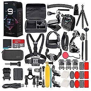 GoPro HERO9 Black - Waterproof Action Camera with Front LCD, Touch Rear Screens, 5K Video, 20MP Photos, 1080p Live Streaming, Stabilization + 16GB Card and 50 Piece Accessory Kit - Action Kit