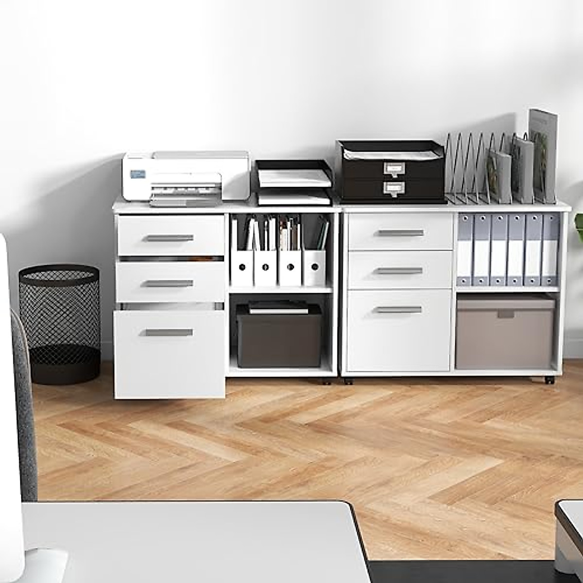 Giantex 3-Drawer File Cabinet for Office - Home Mobile Lateral Filing Cabinet with Hanging Bars, Open Storage Shelves, 5 Universal Wheels, Printer Stand for Letter Size Storage Cabinet (White)
