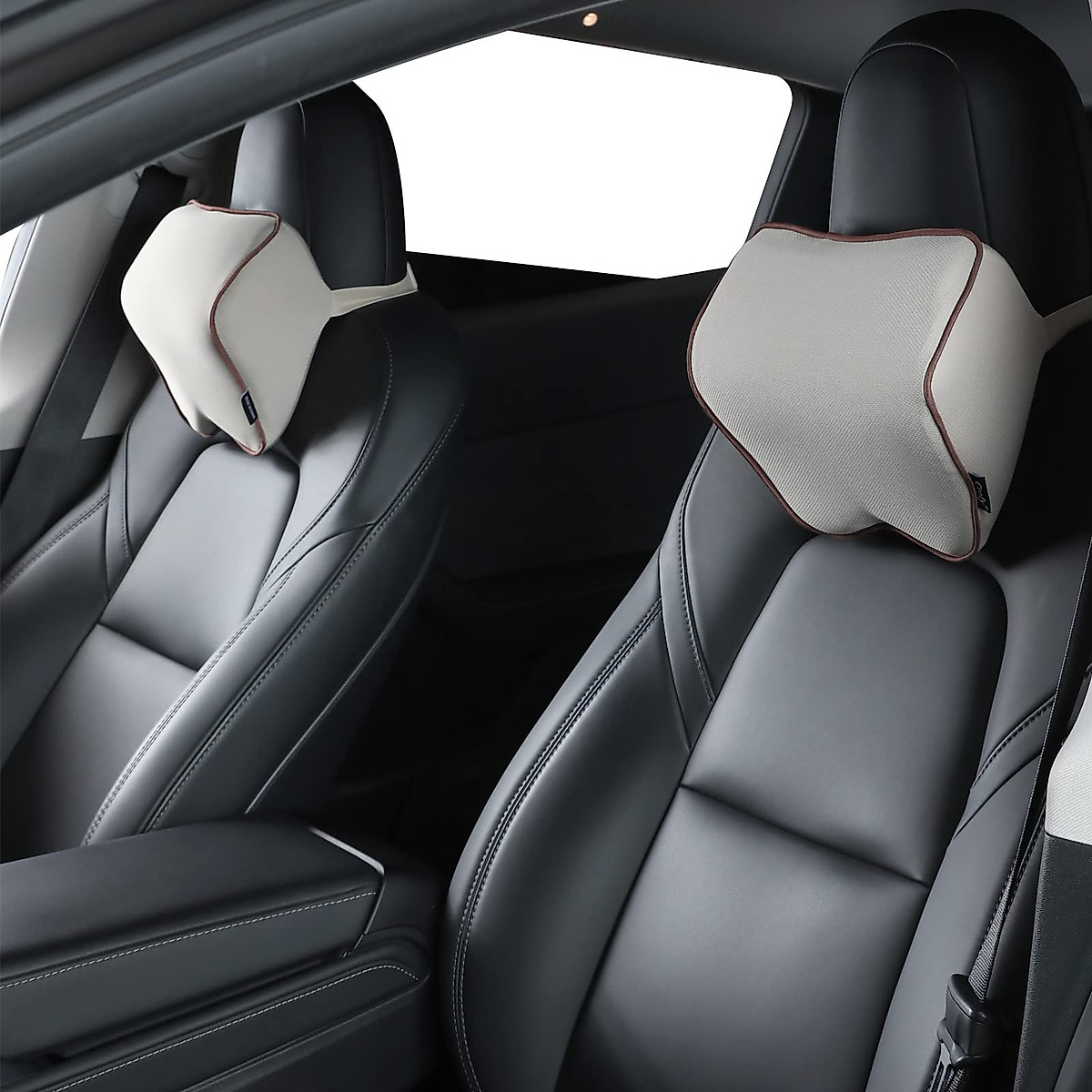 Crofy 2 Pack Car Neck Pillow, Softness Car Headrest Pillow for Driving with Adjustable Strap, 100% Memory Foam and Breathable Removable Cover, Comfortable Ergonomic Design (Beige)