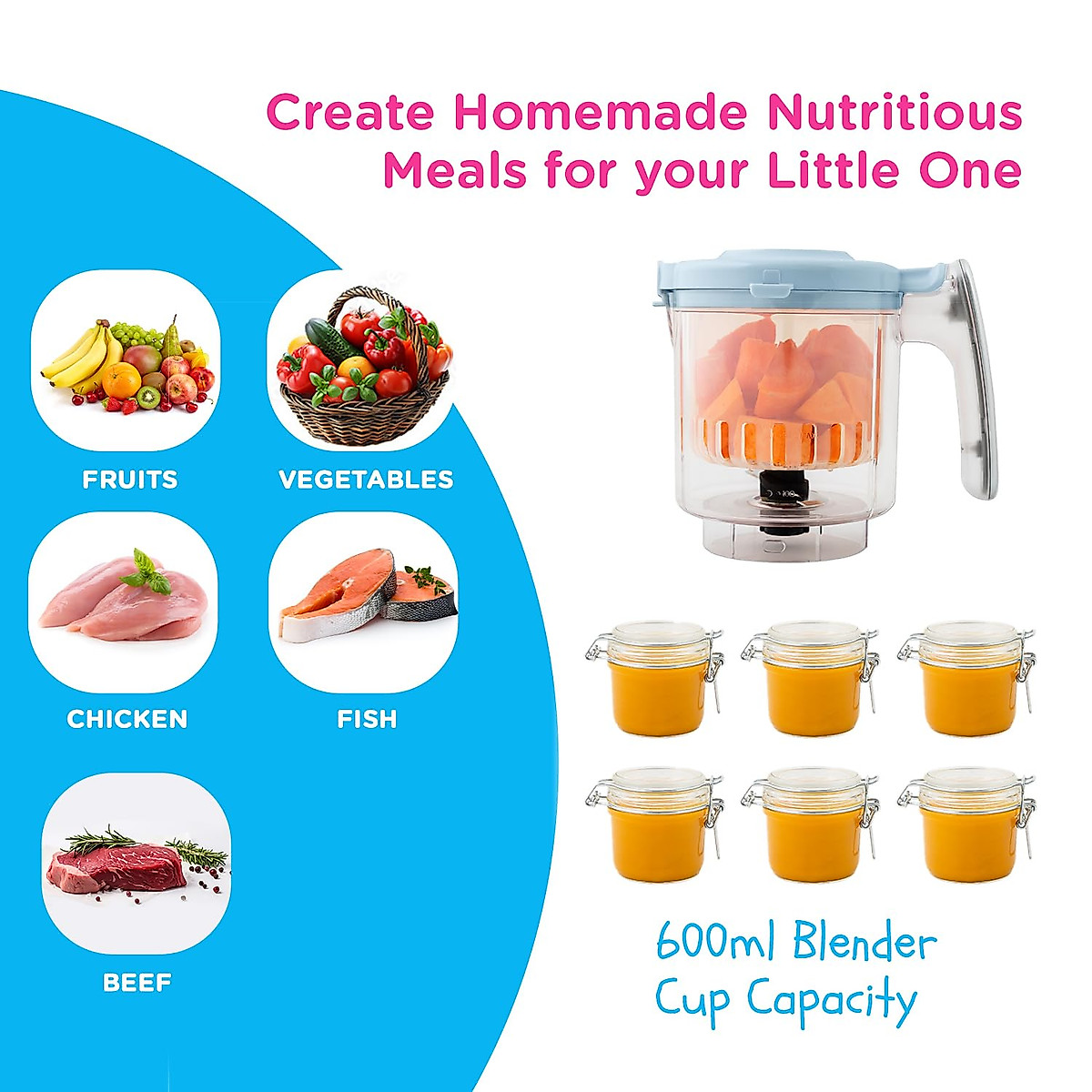 EVLA'S Baby Food Maker, Steamer, Blender, Baby Food Processor for Healthy Homemade Baby Food in Minutes, Touch Screen with 6 Reusable Food Pouches, Baby Registry Essential, Blue