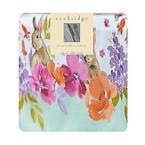 Newbridge Bunny Flower Fields Easter and Spring Fabric Double Bordered Tablecloth - Cute Bunny Rabbit and Vivid Pastel Floral Easy Care, Stain Resistant Fabric Tablecloth, 60” x 84” Oval