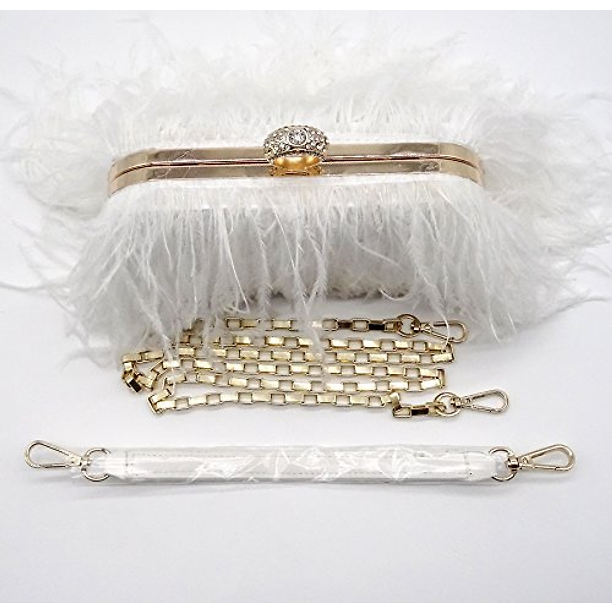 Zakia Real Natural Ostrich Feather Evening Clutch Shoulder Bag Party Bag (A-White)