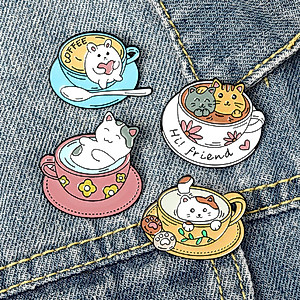ink2055 Cartoon Cat Coffee Cup Brooch Bag Hats Lapel Enamel Paint Pin Garment Badge Gift,Vintage Fashion Brooch Pins for Women Teen Girls Crafts Gift - 2