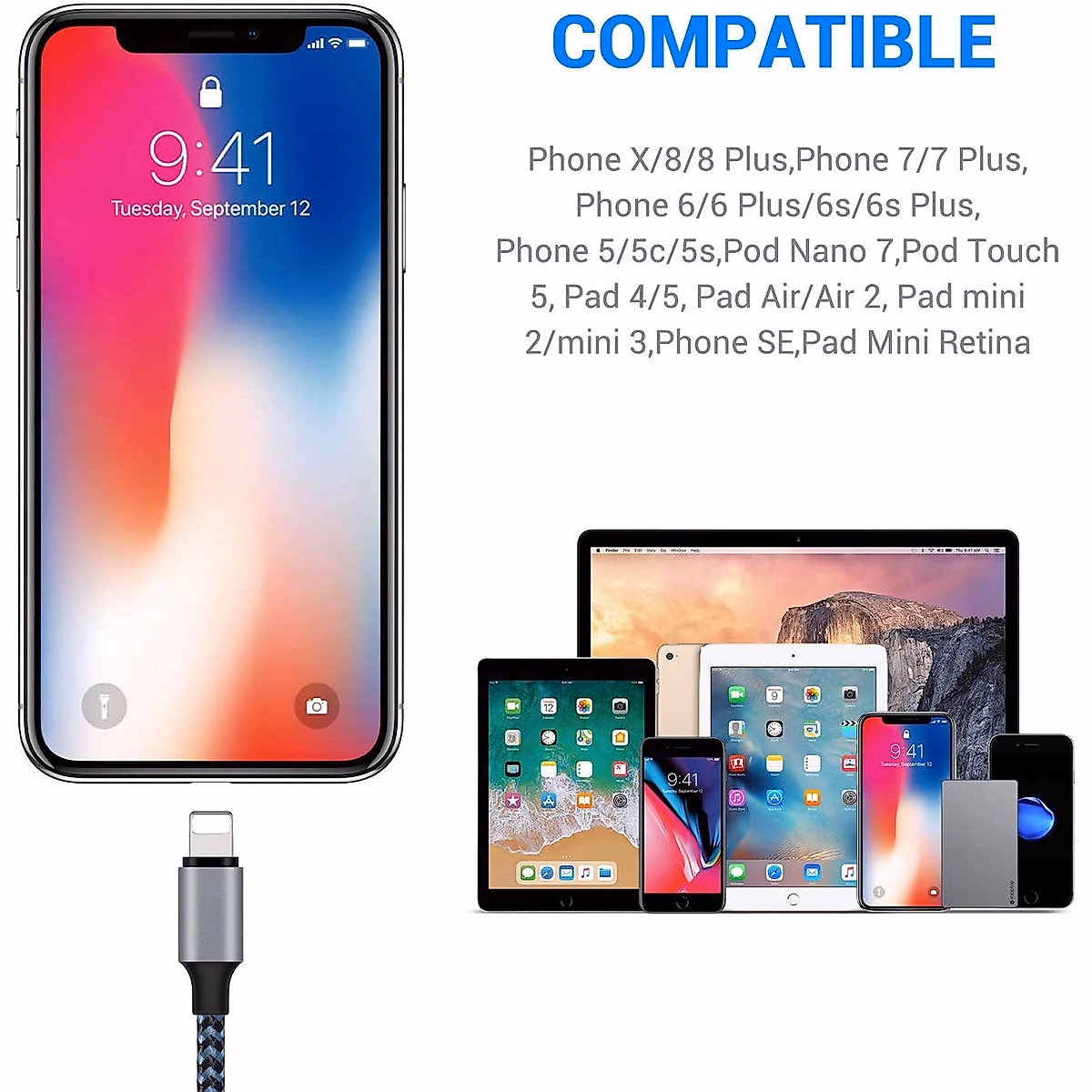 iPhone Charger, Sundix 3Pack 9ft Lightning Cable iPhone Charger Cable Nylon Braided Charging Cord Compatible iPhone 14/13/12/12Pro/12ProMax/11/11Pro/11Pro MAX/XS/XS MAX/XR/X/8/8Plus/7/7Plus and More