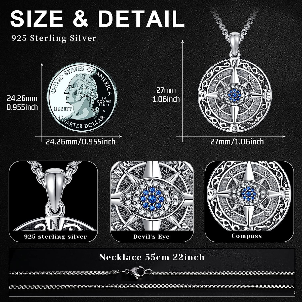 Midir&Etain Evil Eye Necklace S925 Sterling Silver Compass Necklace Life Compass Travel Pendant Evil Eye Amulet Inspirational Graduation Gift Jewelry Men Women